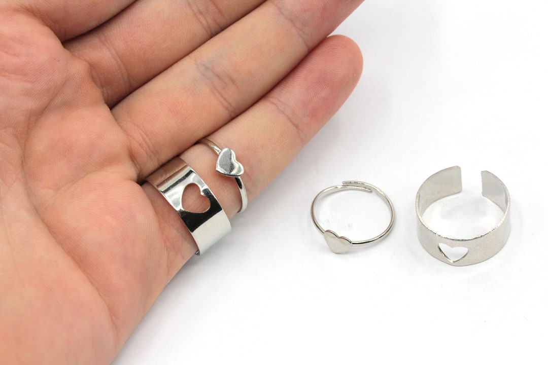 16-17mm Rhodium Plated Heart Couple Ring, Matching Lover Rings, Lover Rings, Rhodium Ring Set ...