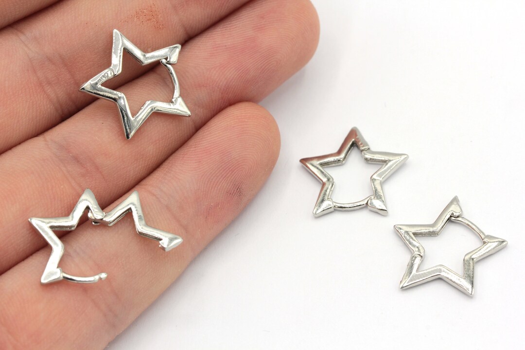 16mm Rhodium Plated Star Earring, Star Hoop Earrings, Star Huggie ...