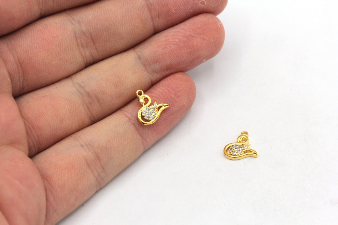 9x10mm 24k Shiny Gold Tiny Swan Bracelet Charm, CZ Micro Pave Swan ...