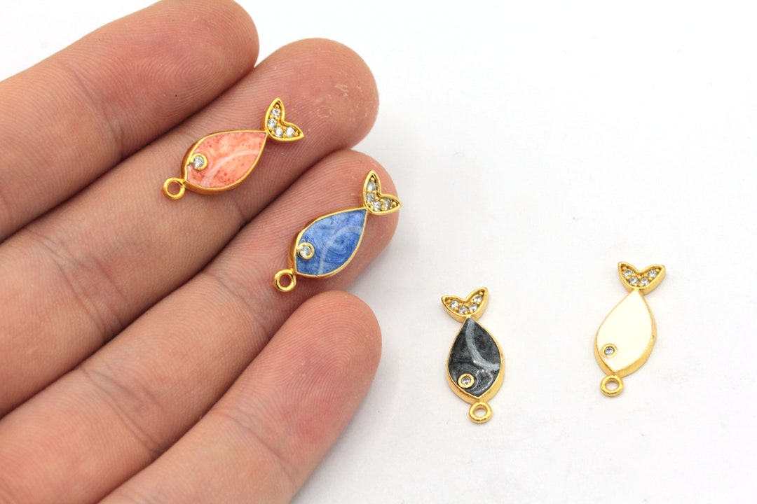 8x20mm 24k Shiny Gold Enamel Fish Charm, CZ Micro Pave Fish Charm ...
