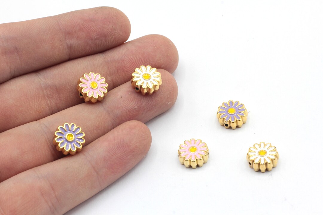 10mm 24k Shiny Gold Plated Enamel Daisy Beads, Daisy Bracelet Beads ...