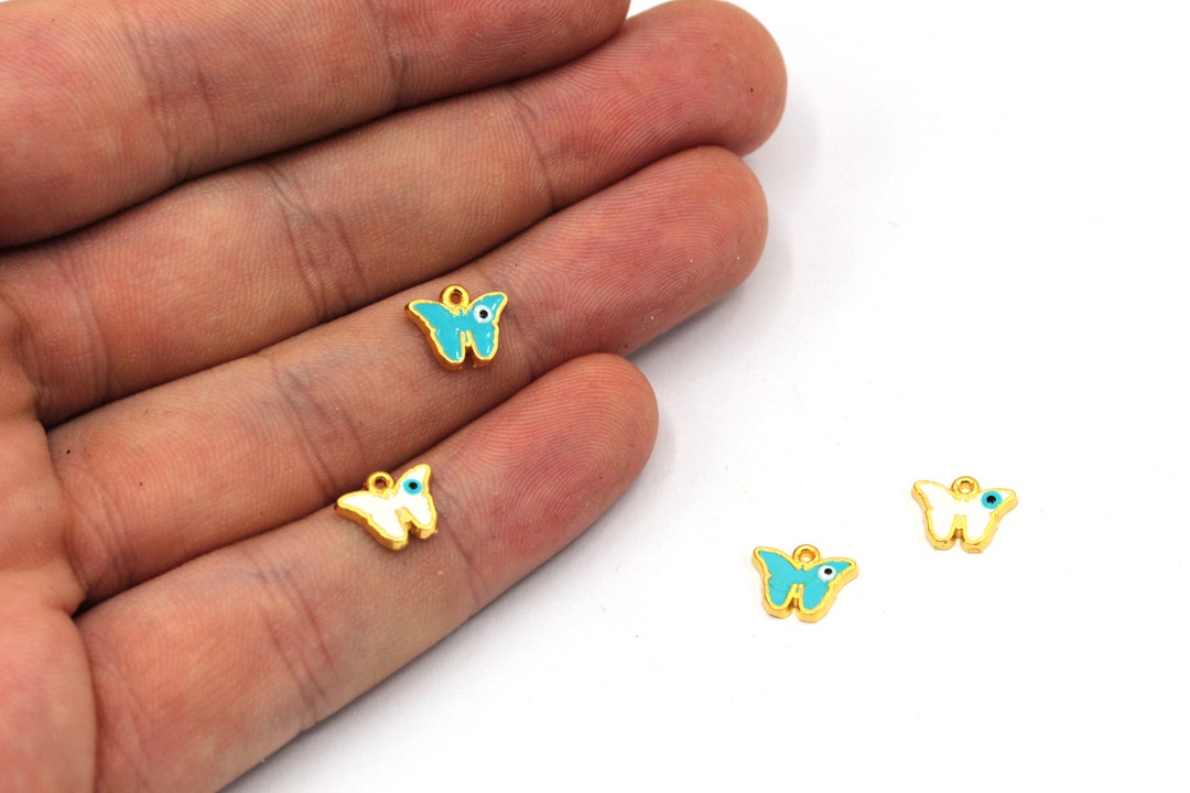 8x9mm 24k Shiny Gold Mini Butterfly Charm, Evil Eye Enamel Butterfly ...