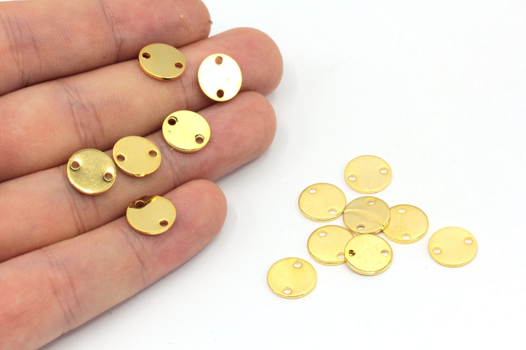 10mm 24k Shiny Gold Plated Tiny Round Charm, 2 Holes Round Disc ...