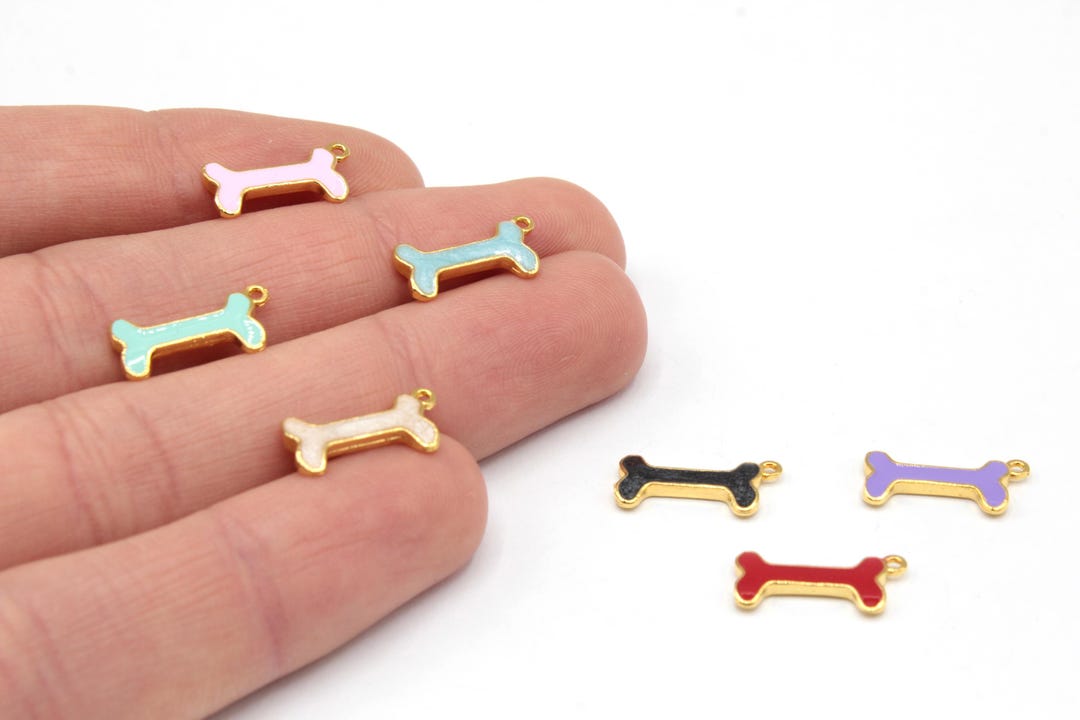 24k Shiny Gold Plated Enamel Mini Dog Bone Charm, Tiny Gold Bone Charm ...