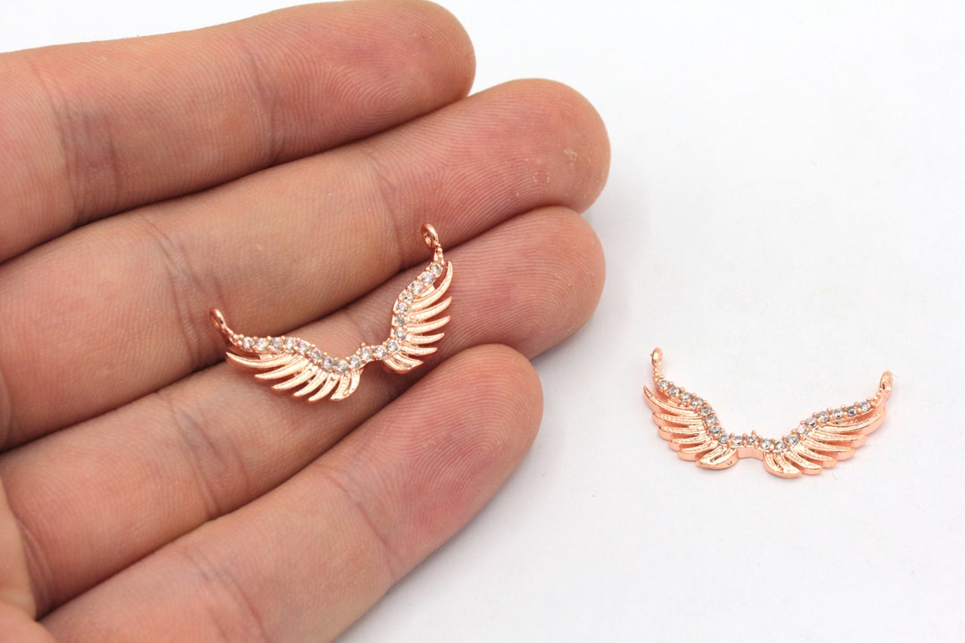 11x25mm Rose Gold Plated Angel Wing Necklace, CZ Micro Pave Angel Wing ...