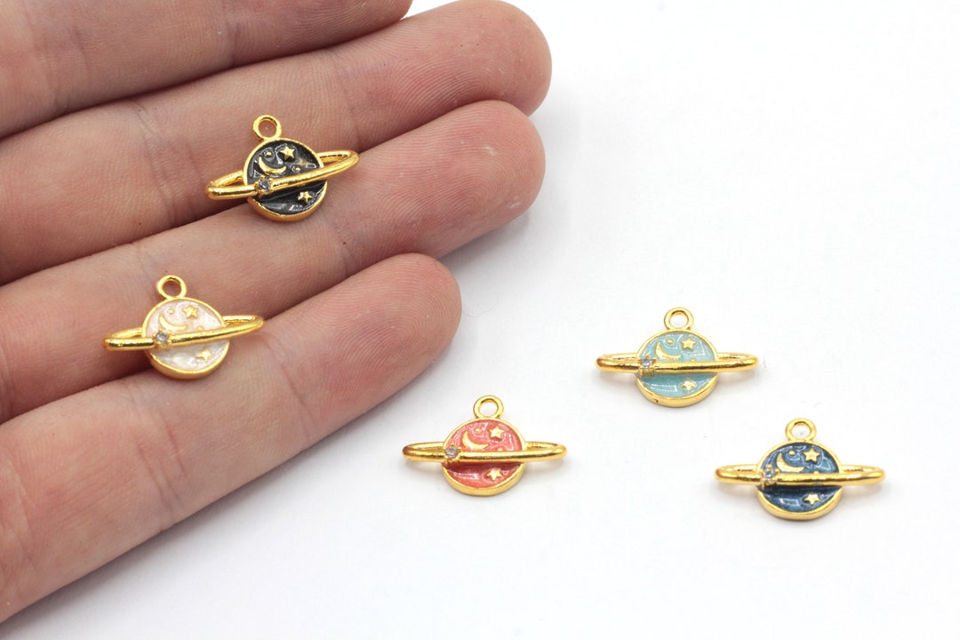 9x10mm 24k Shiny Gold Enamel Saturn Charm, Tiny Saturn Charm, Planet ...