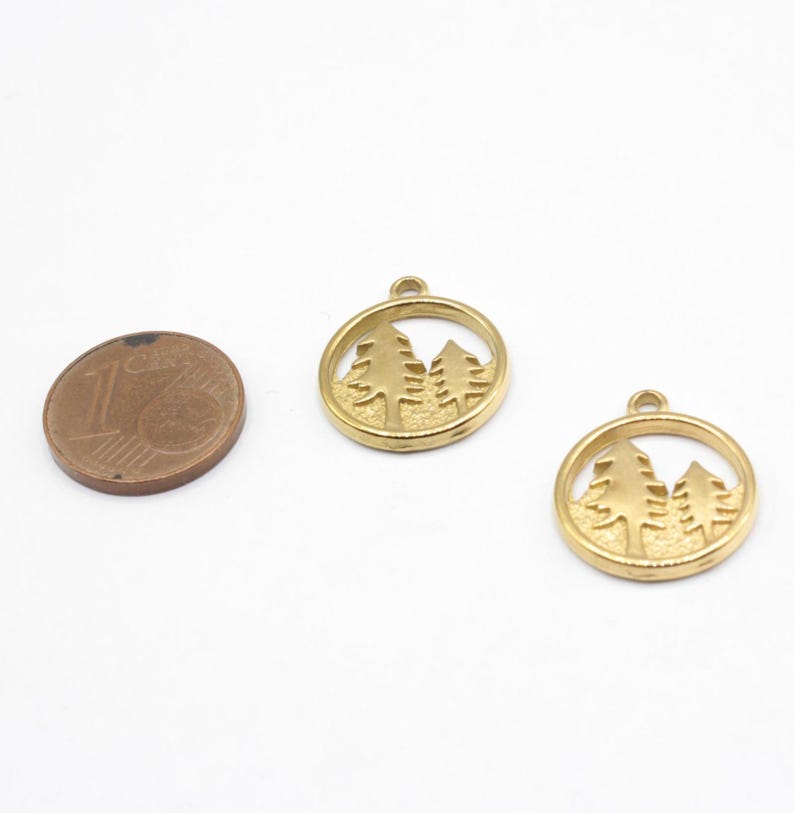18K Gold Stainless Steel Pine Tree Charm, Medallion Charm, Tree ...