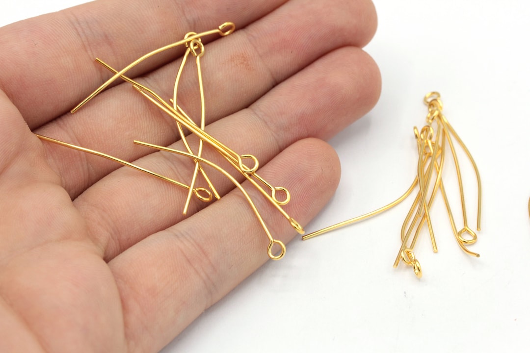 50 Pcs 20 Ga 40mm 24k Shiny Gold Plated Eye Pin, Gold Eye Pin, Eye Pins ...