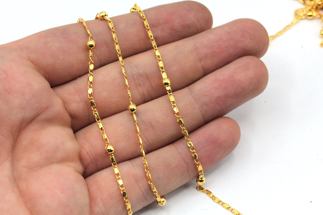 24k Shiny Gold Curb With 3mm Ball Chain, Gold Ball Beaded Chain ...