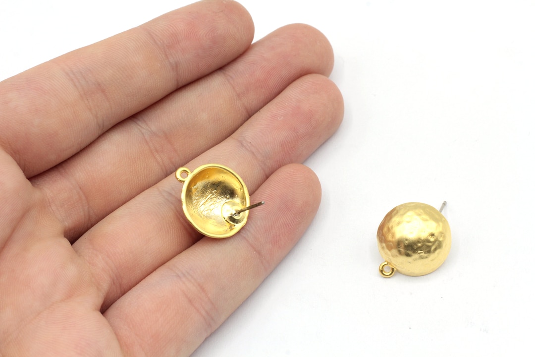 16x18mm Matt Gold Hammered Round Earring Post With Loop, Round Earring ...