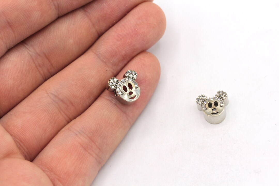 10mm Rhodium Mickey Mouse Bracelet Beads, CZ Micro Pave Mickey Mouse ...