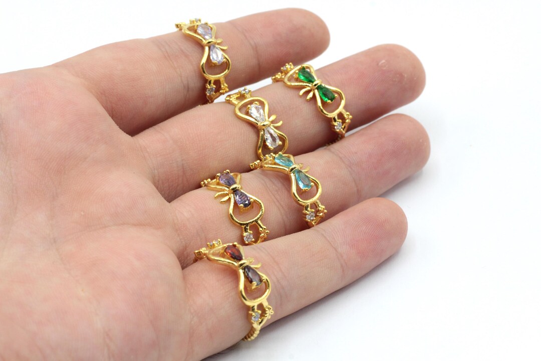 24k Shiny Gold Plated Adjustable Birthstone Bow Ring, Birth Month Ring ...
