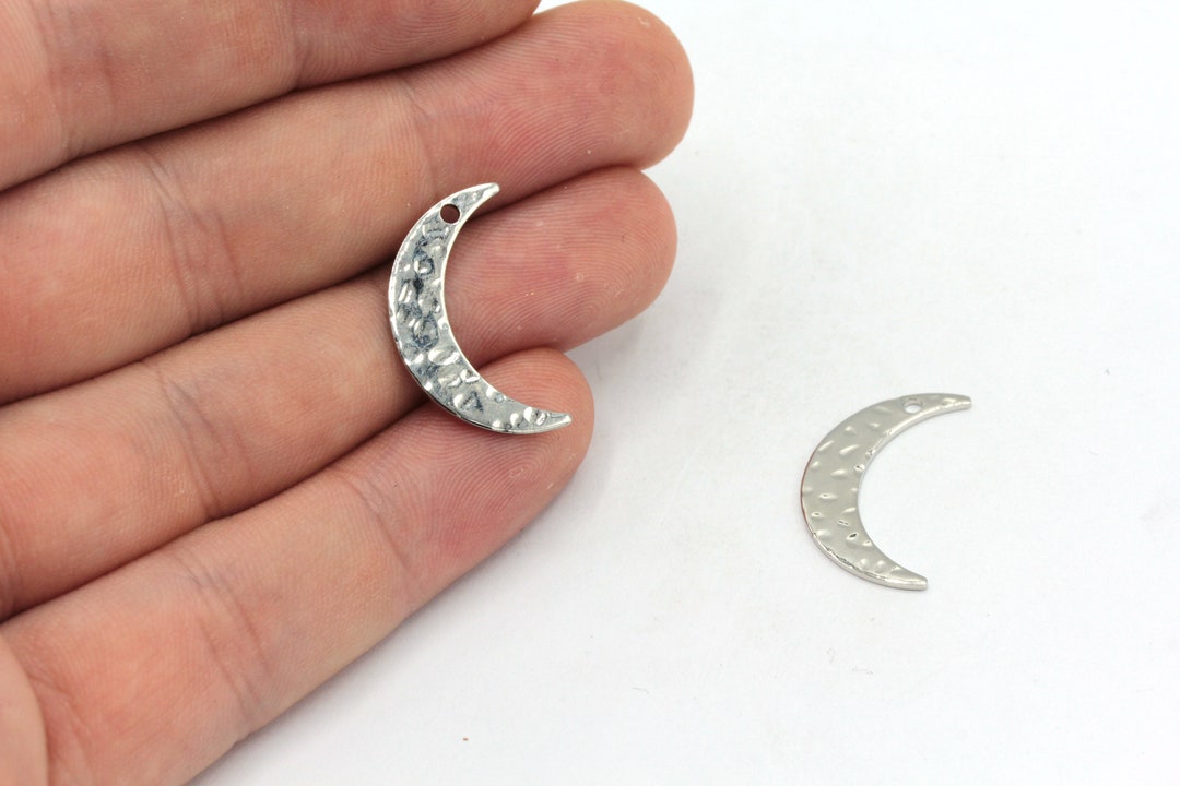 6x22mm Rhodium Plated Hammered Moon Charm, Crescent Charm, Celestial ...