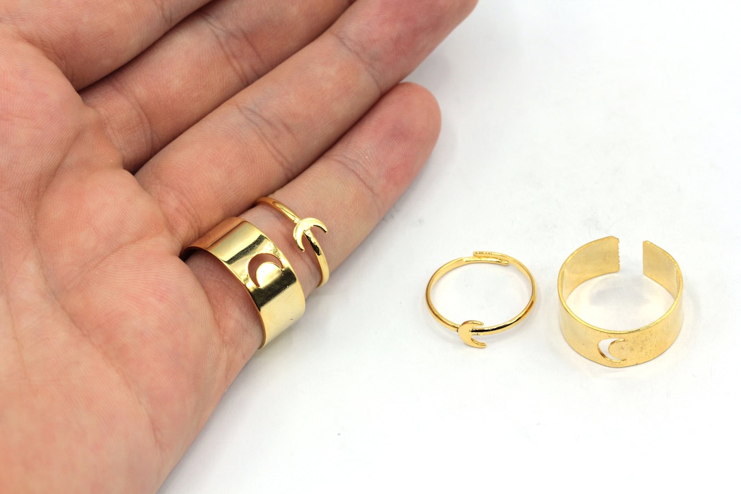 16-17mm 24k Shiny Gold Plated Moon Couple Ring, Matching Lover Rings, Lover Rings, Gold Ring Set ...