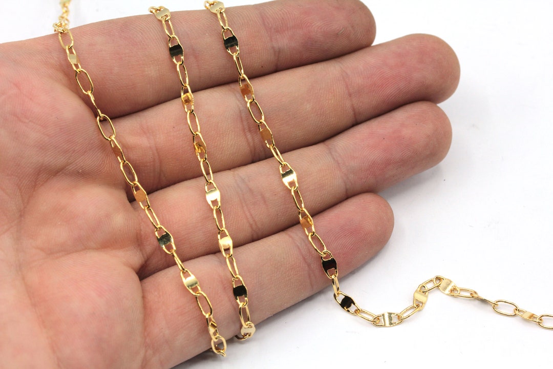 3x7mm 24k Shiny Gold Plated Dapped Sequin Chain, Double Bar Chain, Tiny ...