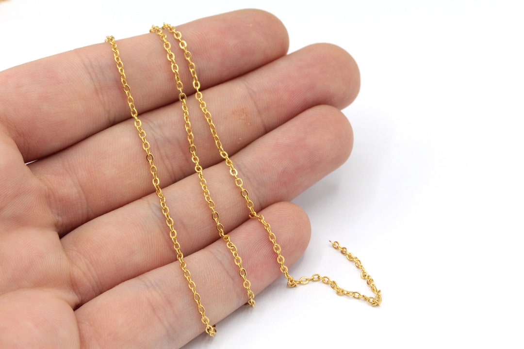 2mm 24k Shiny Gold Plated Tiny Cable Chain, Flat Rolo Chain, Gold Box ...