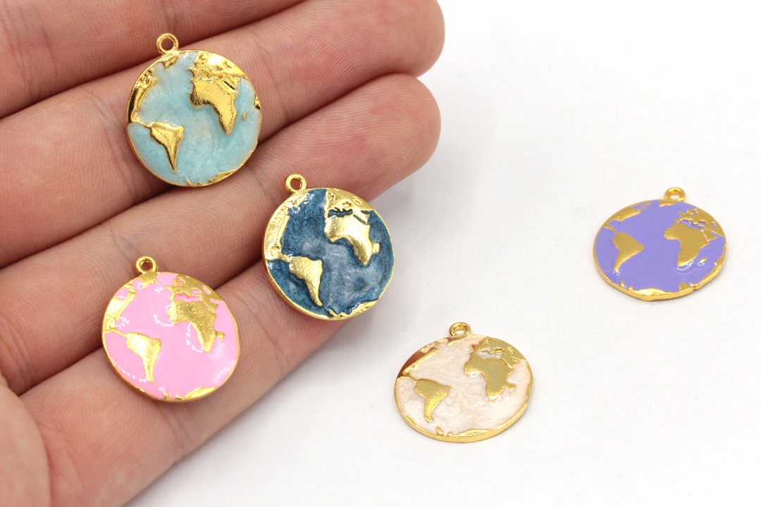 20x22mm 24k Shiny Gold Enamel World Charm, World Traveller Charm, Eart ...