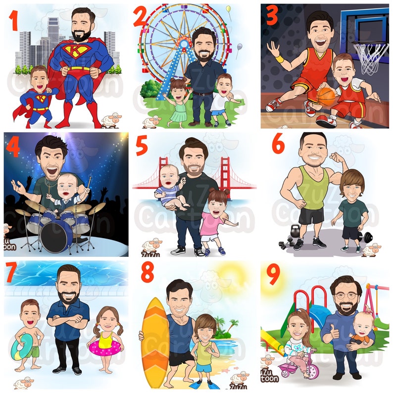 Father's Day Cartoons Personalized Dad and Kids - Etsy