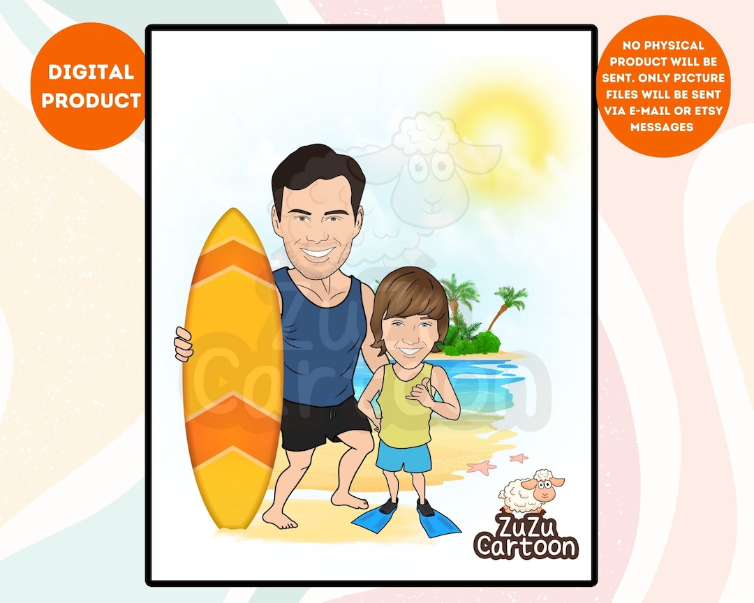 Dad and Son Summer Beach Fun, Father Son Surfing Caricature, Dad Son ...