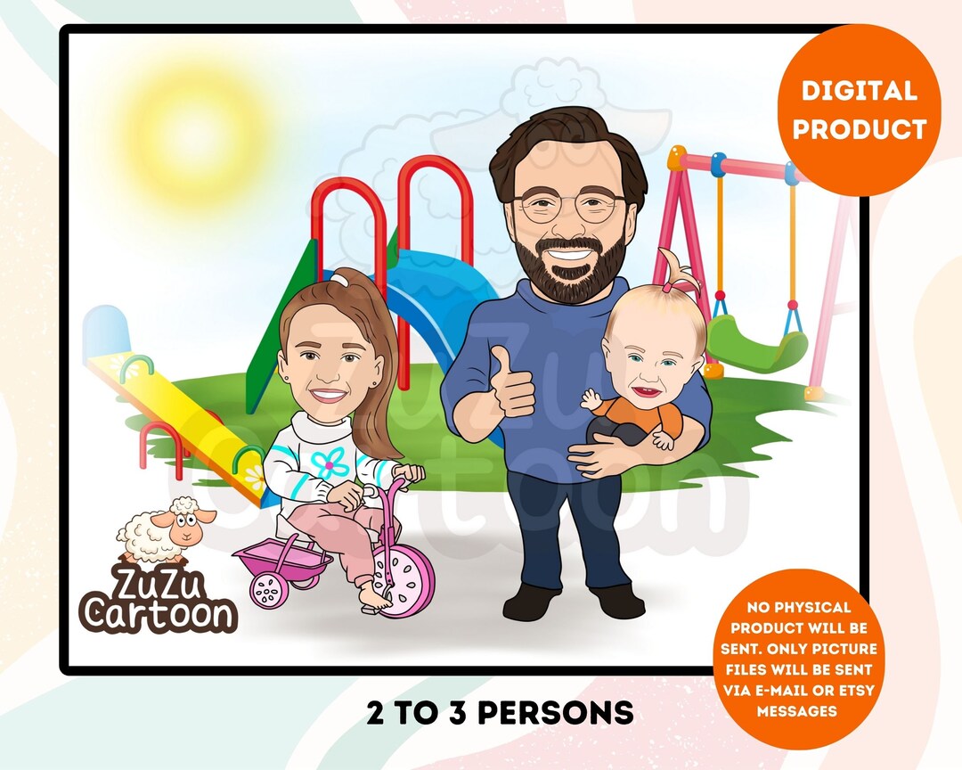 Personalized Family Cartoon, Father and Kids Portrait, Fun Playground ...