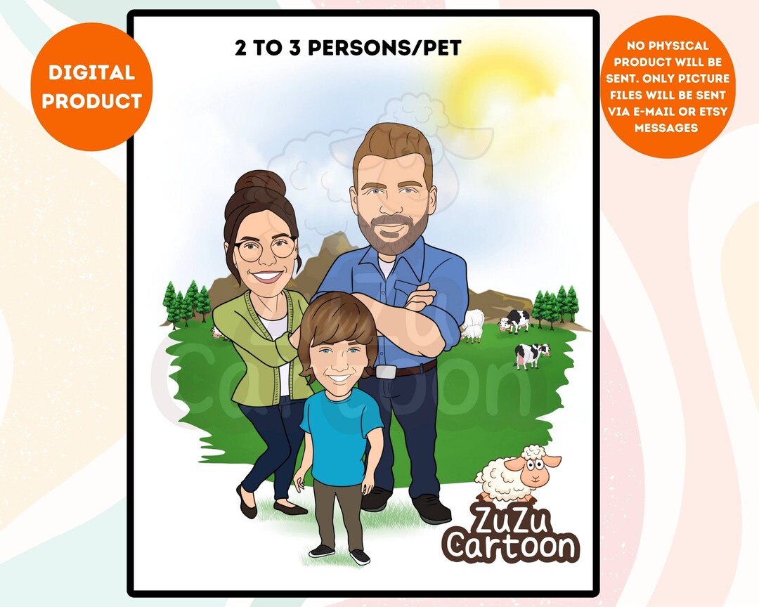 Fun Family Farm Caricature, Custom Farmer Family Cartoon Portrait ...