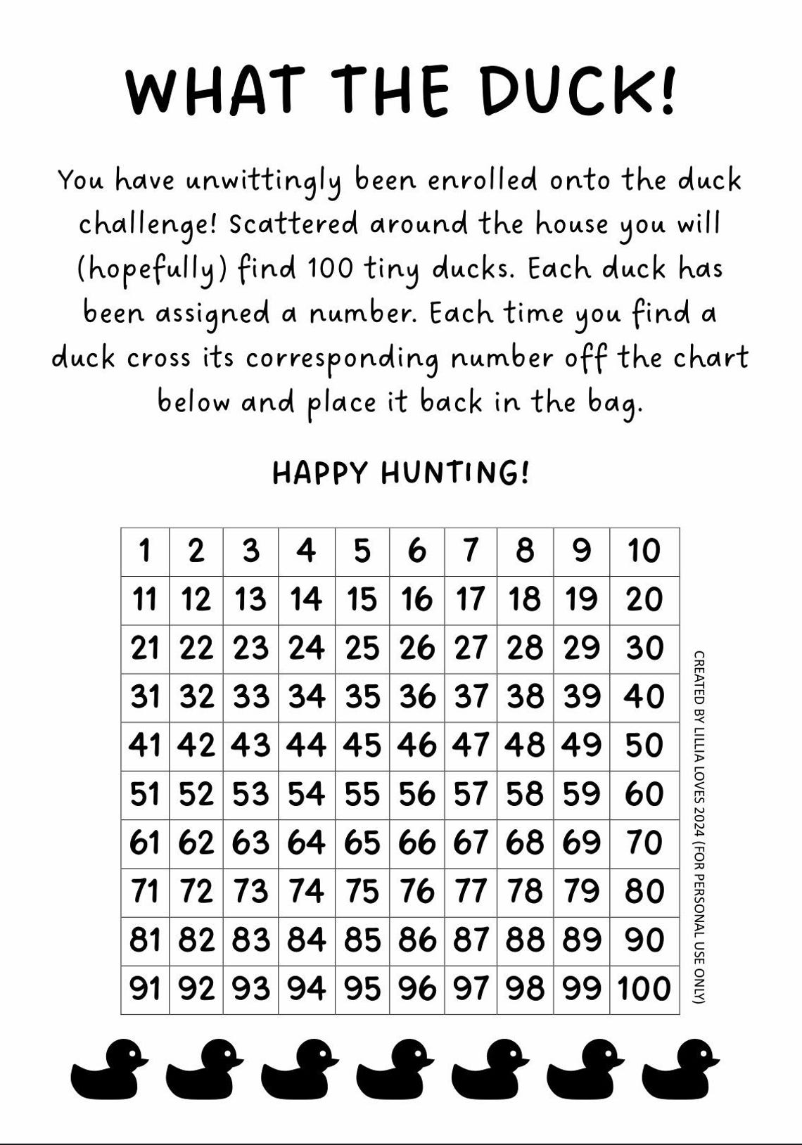 DIGITAL DOWNLOAD ONLY - 100 Duck Challenge Card, Hide-a-duck Card ...