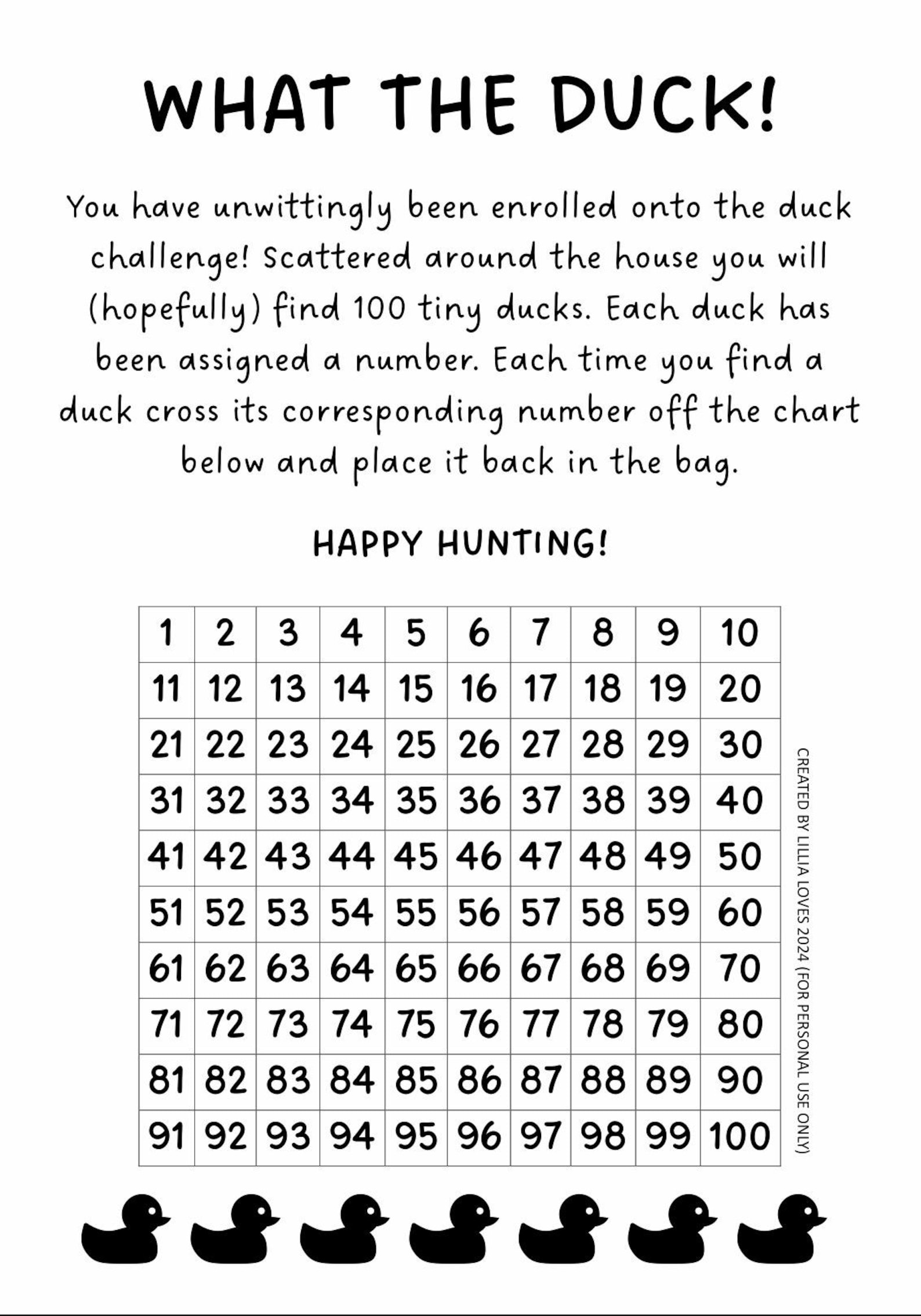DIGITAL DOWNLOAD ONLY - 100 Duck Challenge Card, Hide-a-duck Card ...
