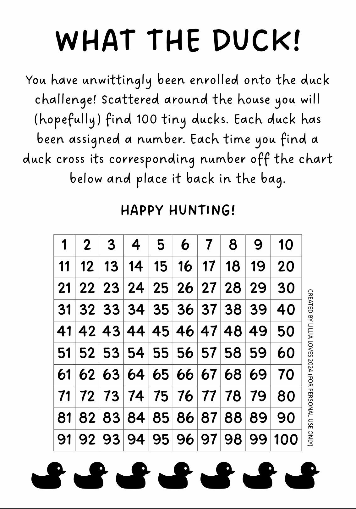 DIGITAL DOWNLOAD ONLY - 100 Duck Challenge Card, Hide-a-duck Card ...