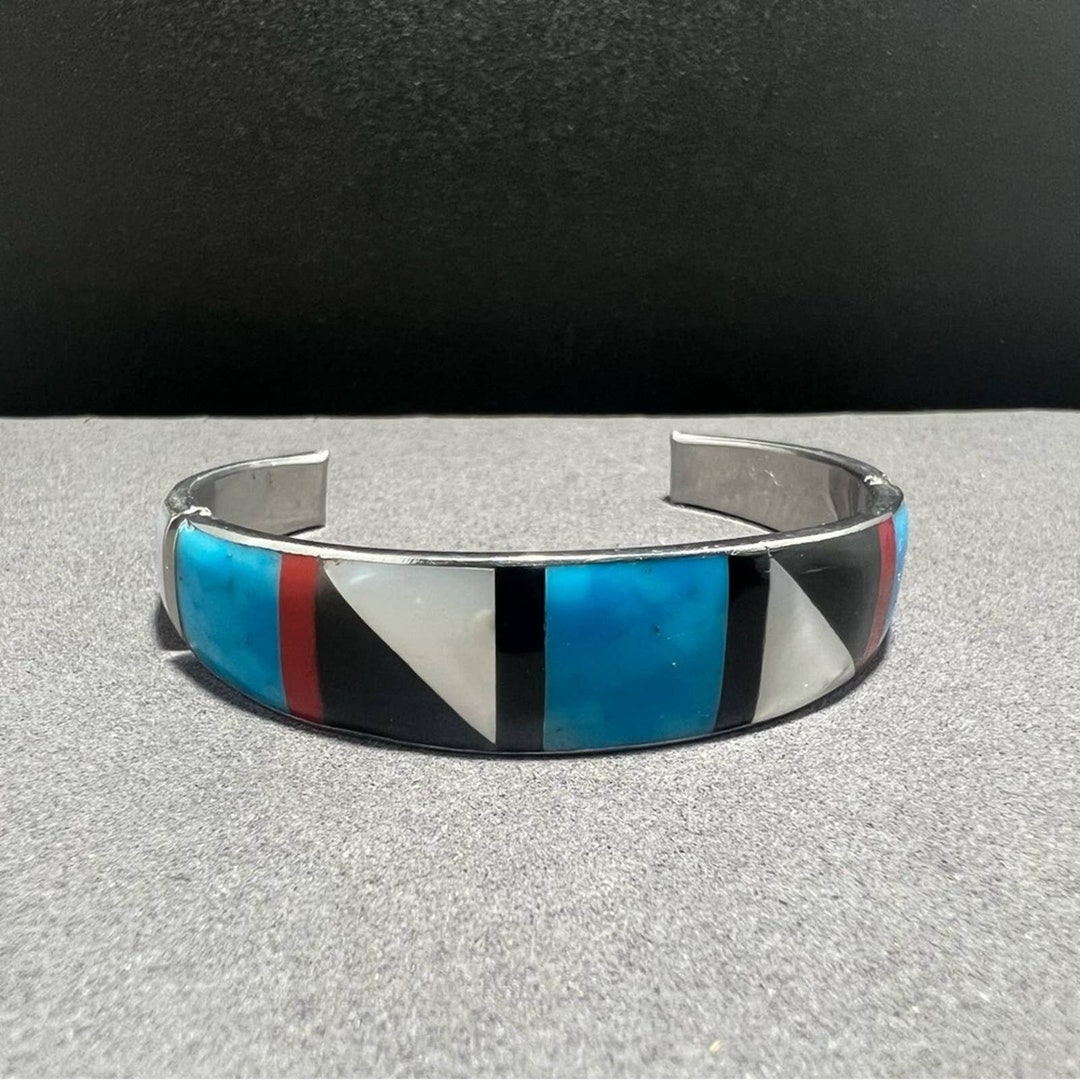 Native American Zuni Style Inlay Cuff Bracelet Red White Blue & Black ...