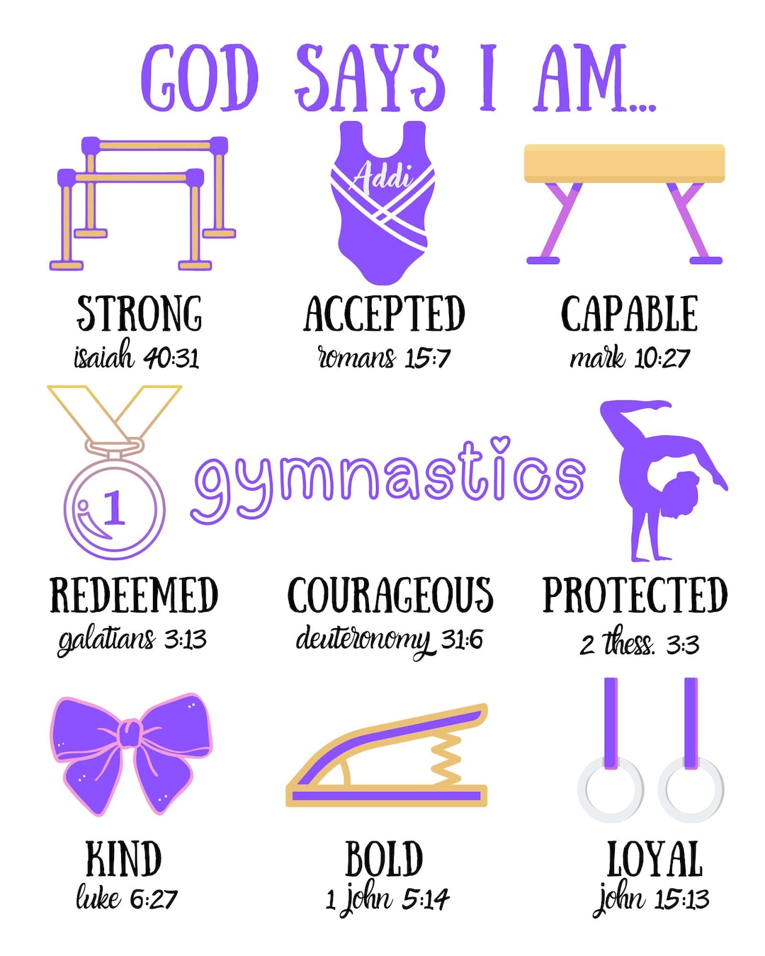 God Says I Am, Bible Verses, Purple Gymnastics - Girls Decor Digital ...