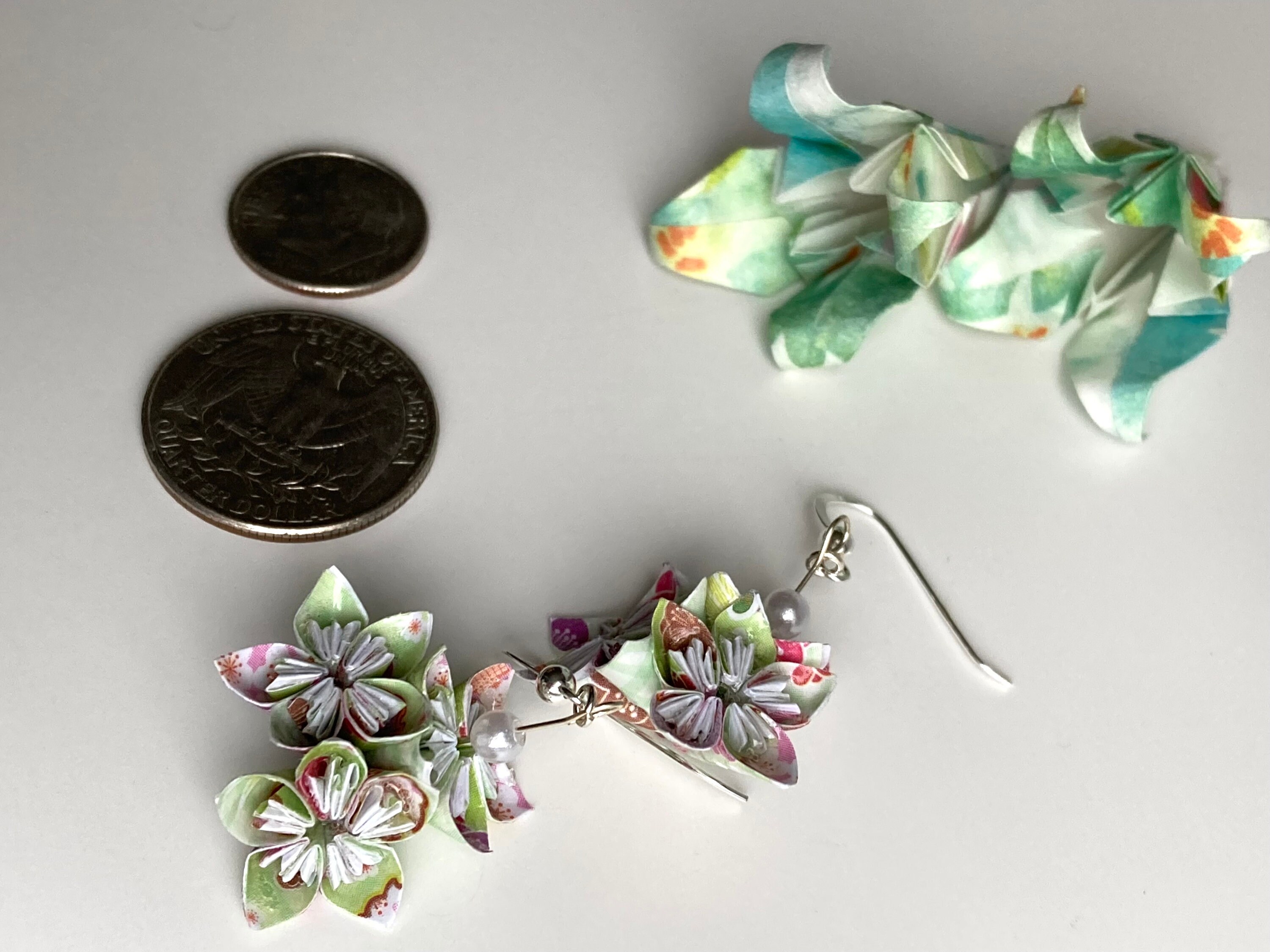 Japanese Origami Green Flower Earrings. Sterling Silver French Hooks ...