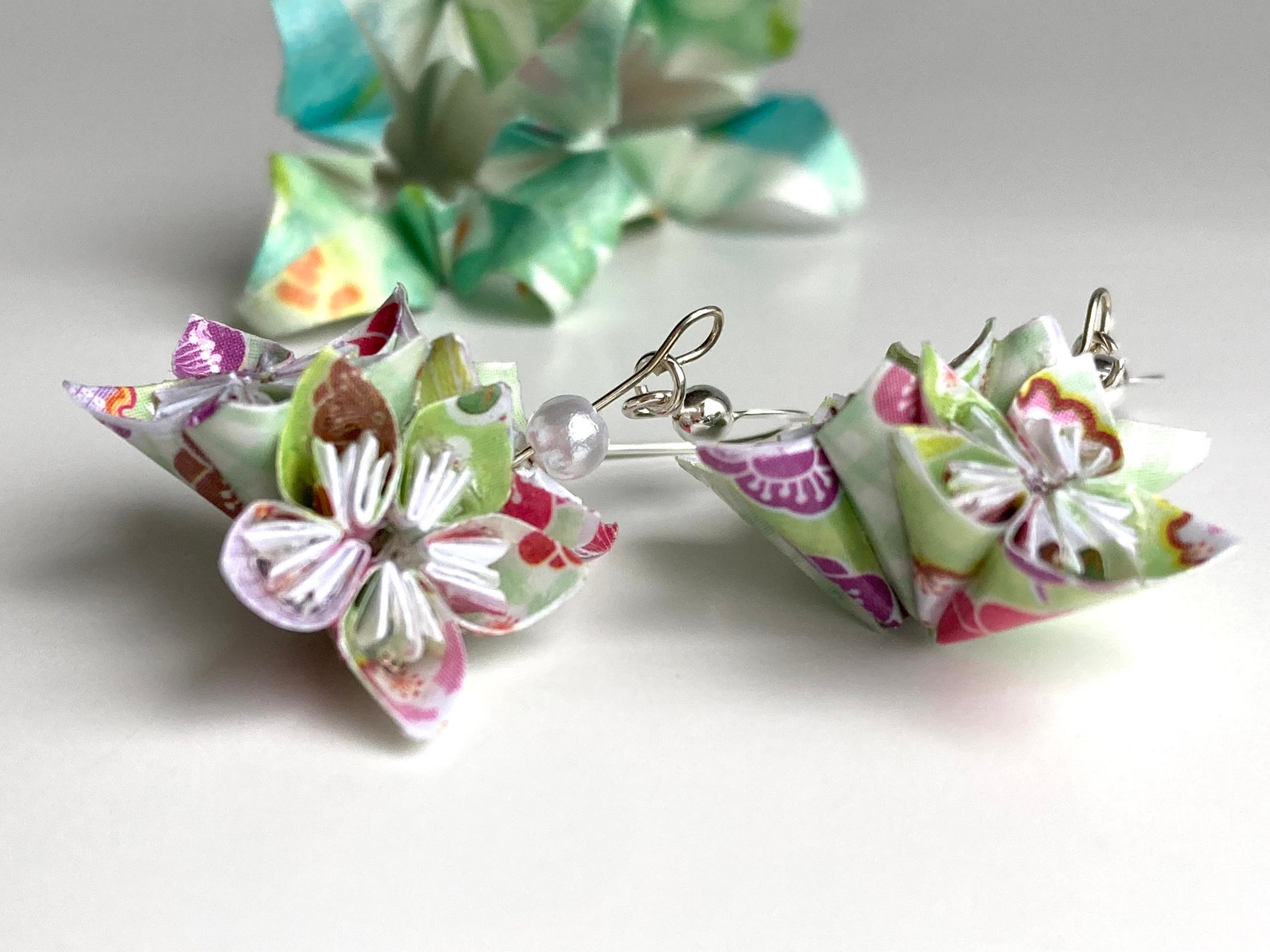 Japanese Origami Green Flower Earrings. Sterling Silver French Hooks ...