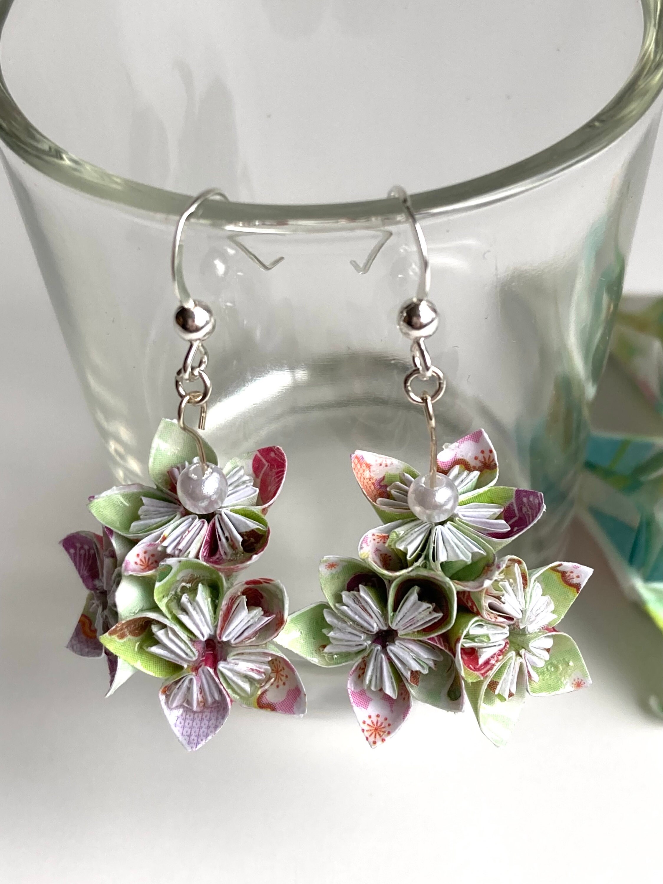 Japanese Origami Green Flower Earrings. Sterling Silver French Hooks ...