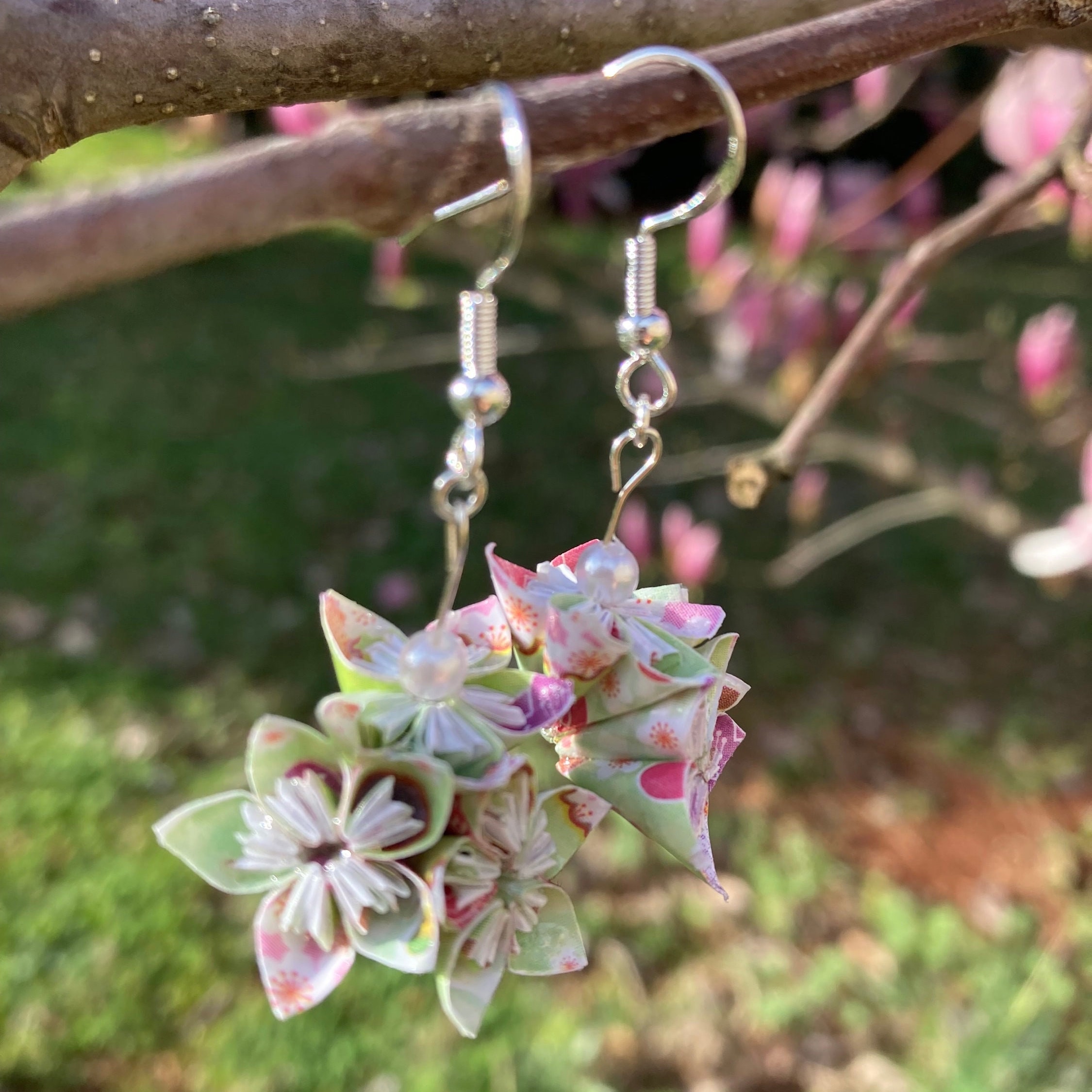 Japanese Origami Green Flower Earrings. Sterling Silver French Hooks ...