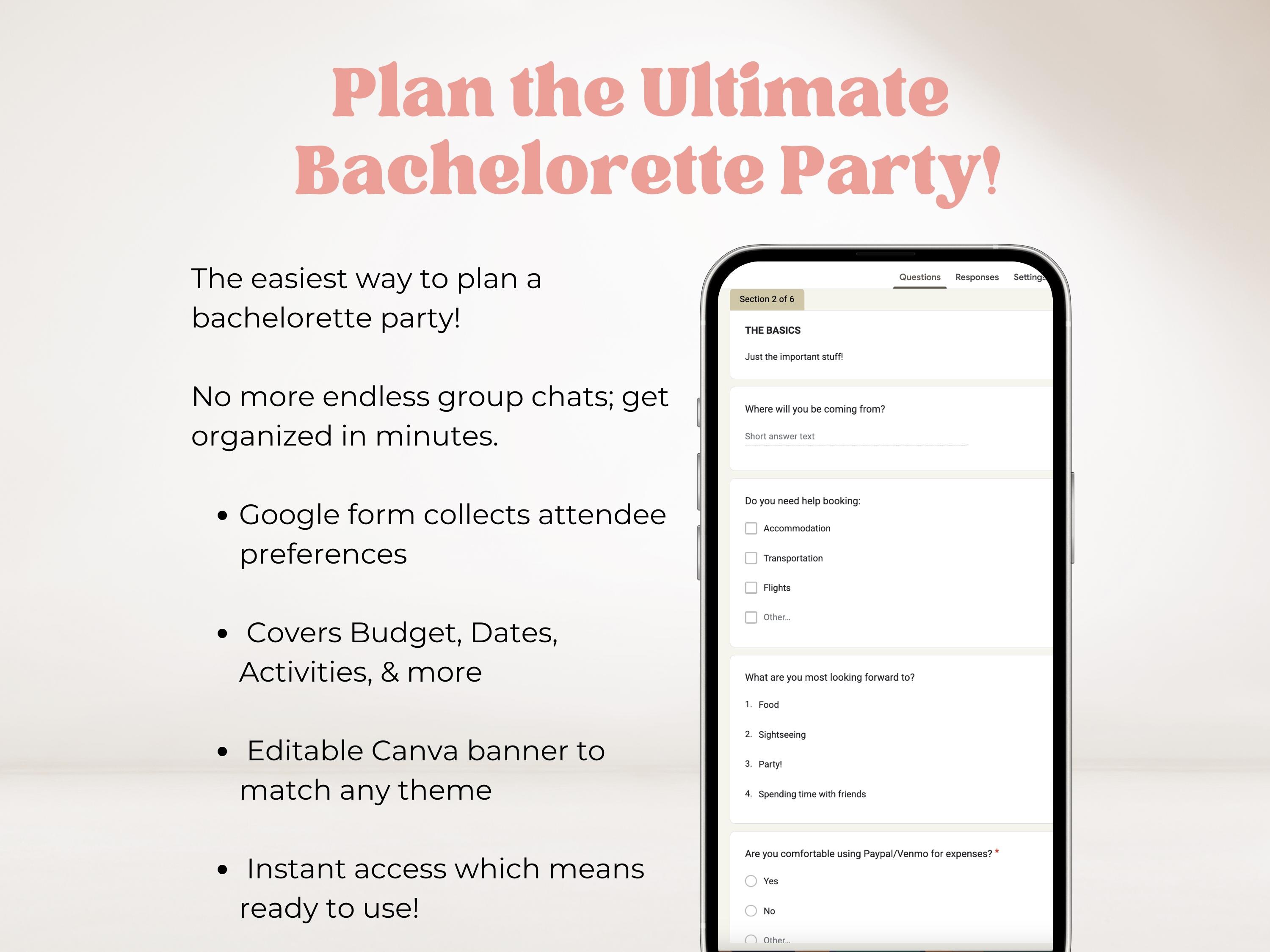 Bachelorette Party Planning Questionnaire: Editable Google Form ...