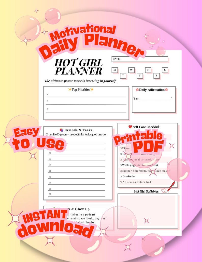 Hot Girl Planner Printable | Daily Planner, Self-care Checklist ...
