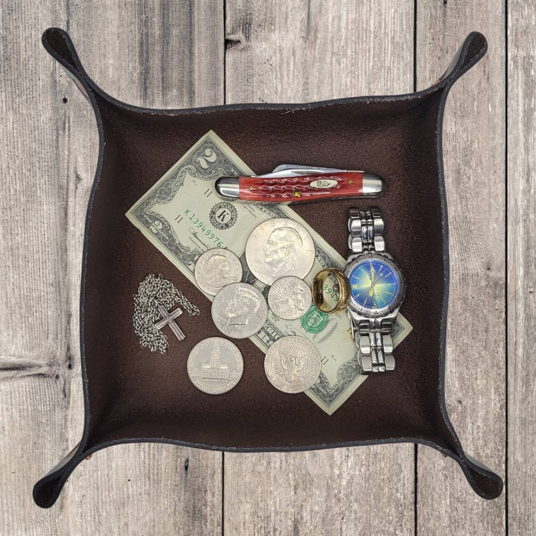 Leather Desk Caddy Valet Key Tray Catchall Organizer in Chocolate Brown ...