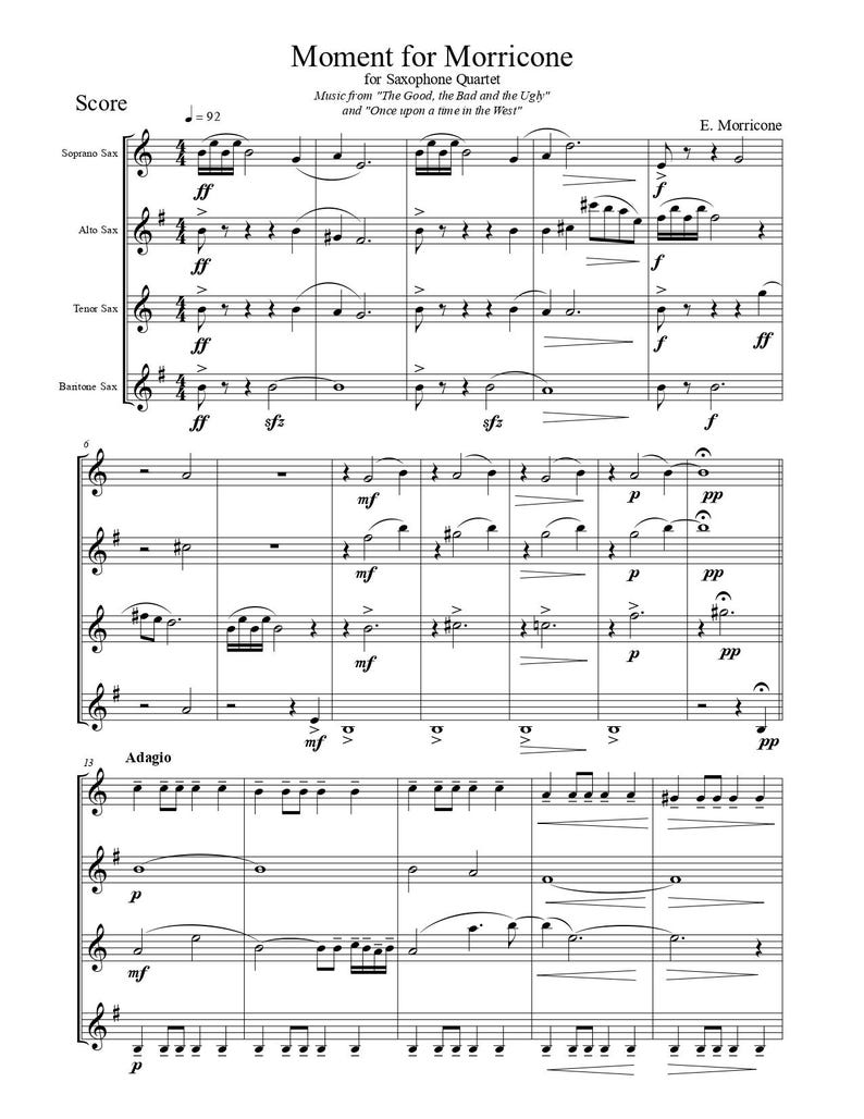 Moment for Morricone for Saxophone Quartet - Etsy