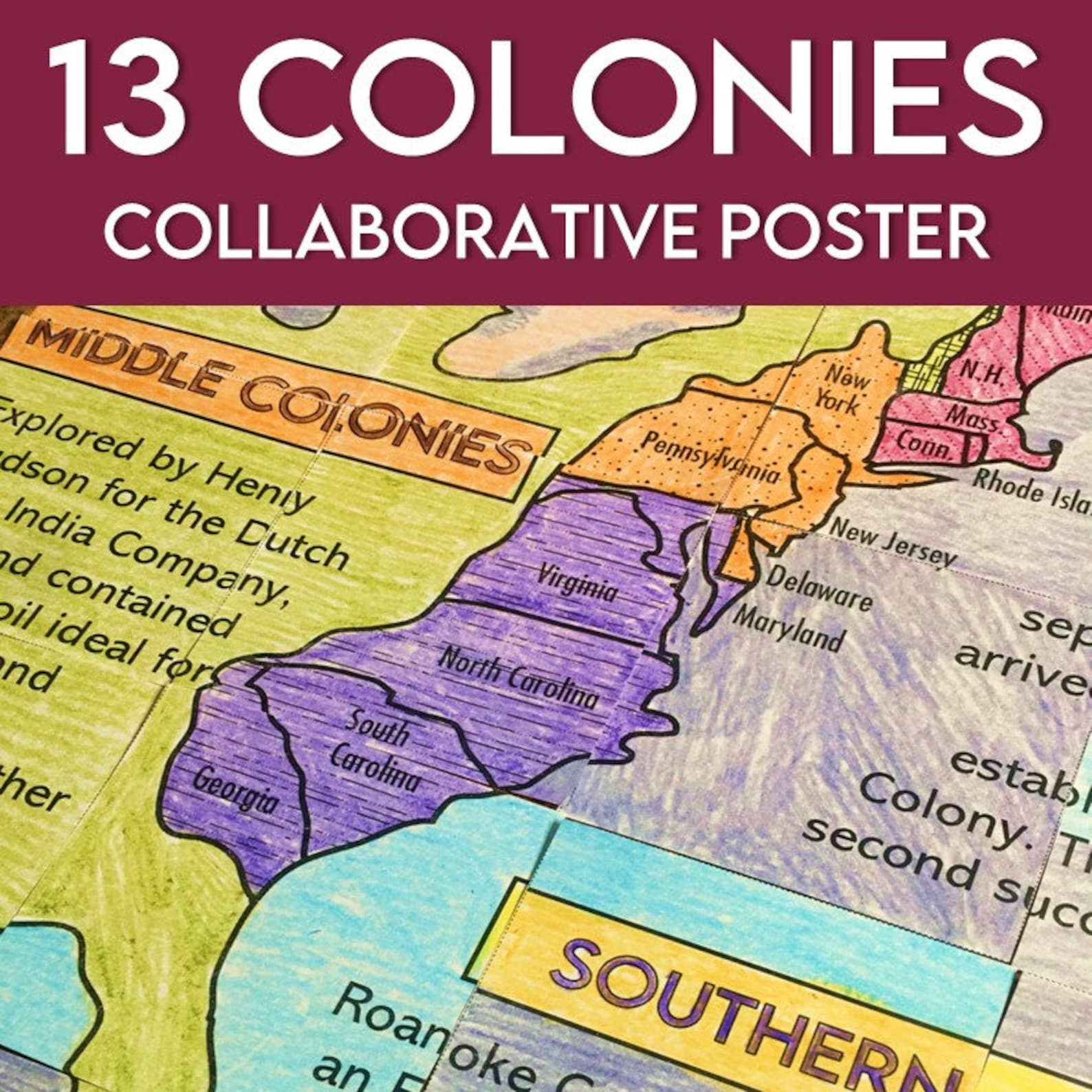 13 Colonies Map Collaborative Poster With Extension Activity, Door ...