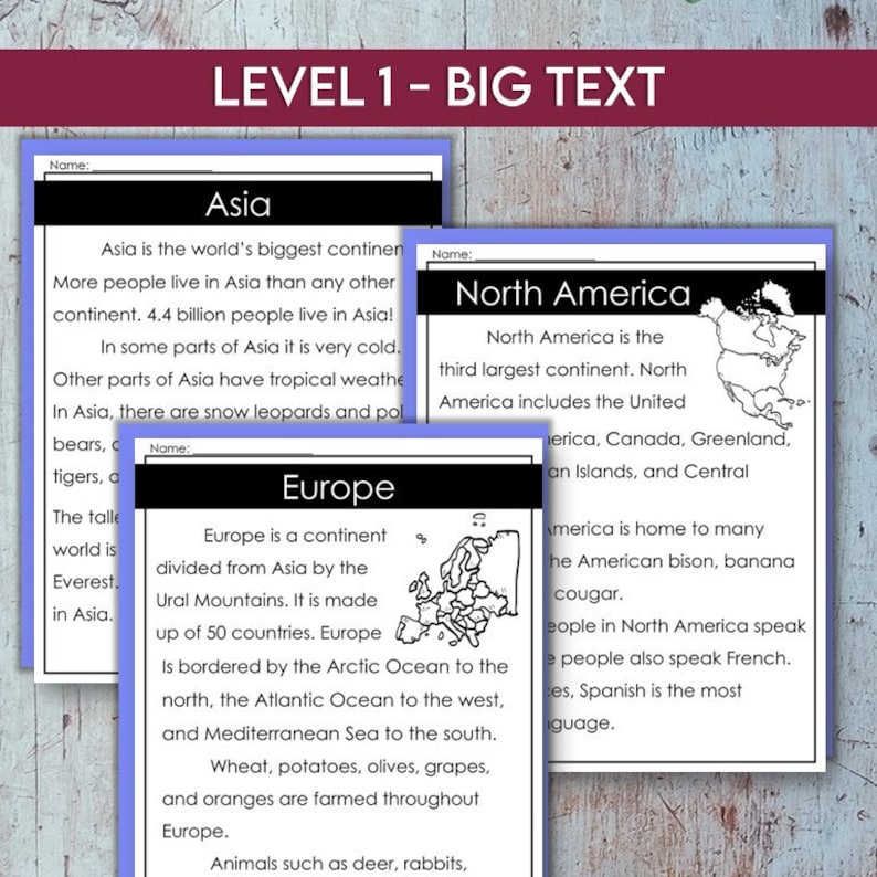 Seven Continents Reading Passages and Comprehension Questions ...