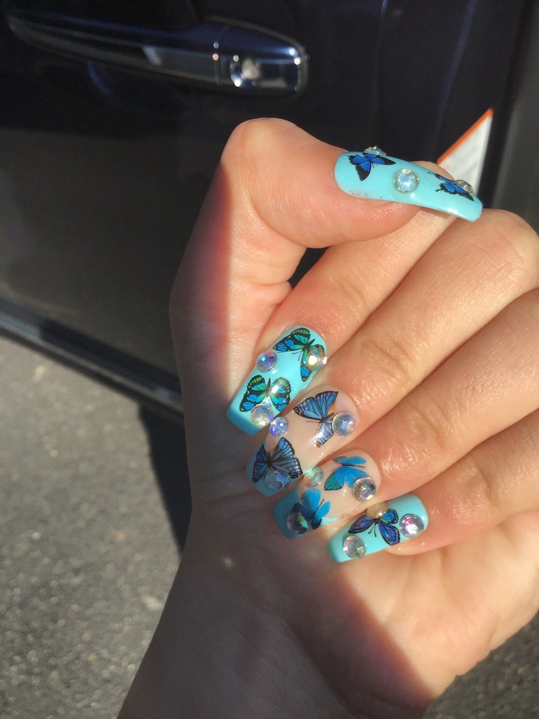 Handmade Blue Butterfly Nails - Etsy