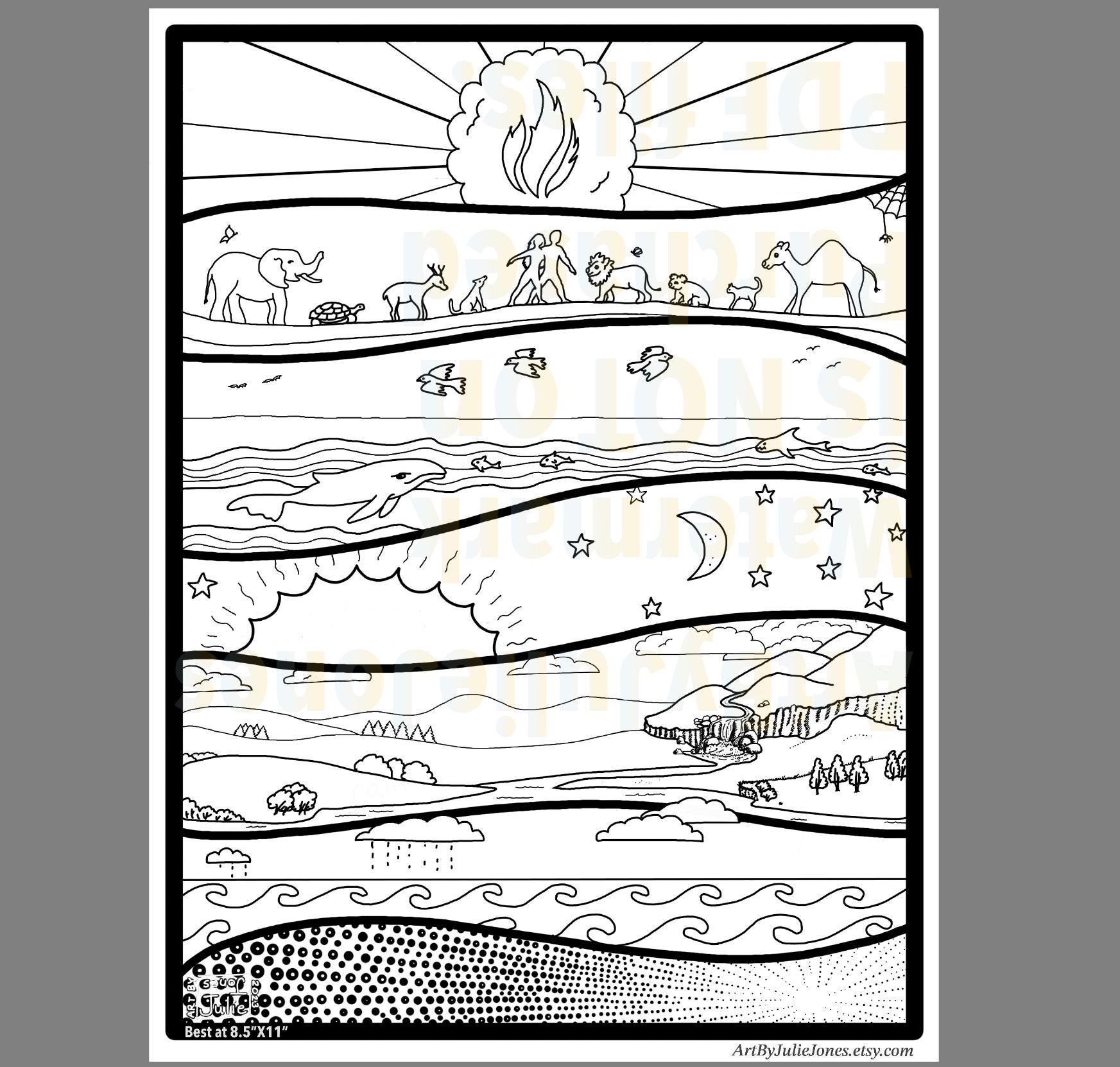 The Seven Days of Creation Coloring Page, Bible Color Sheet, Sunday ...