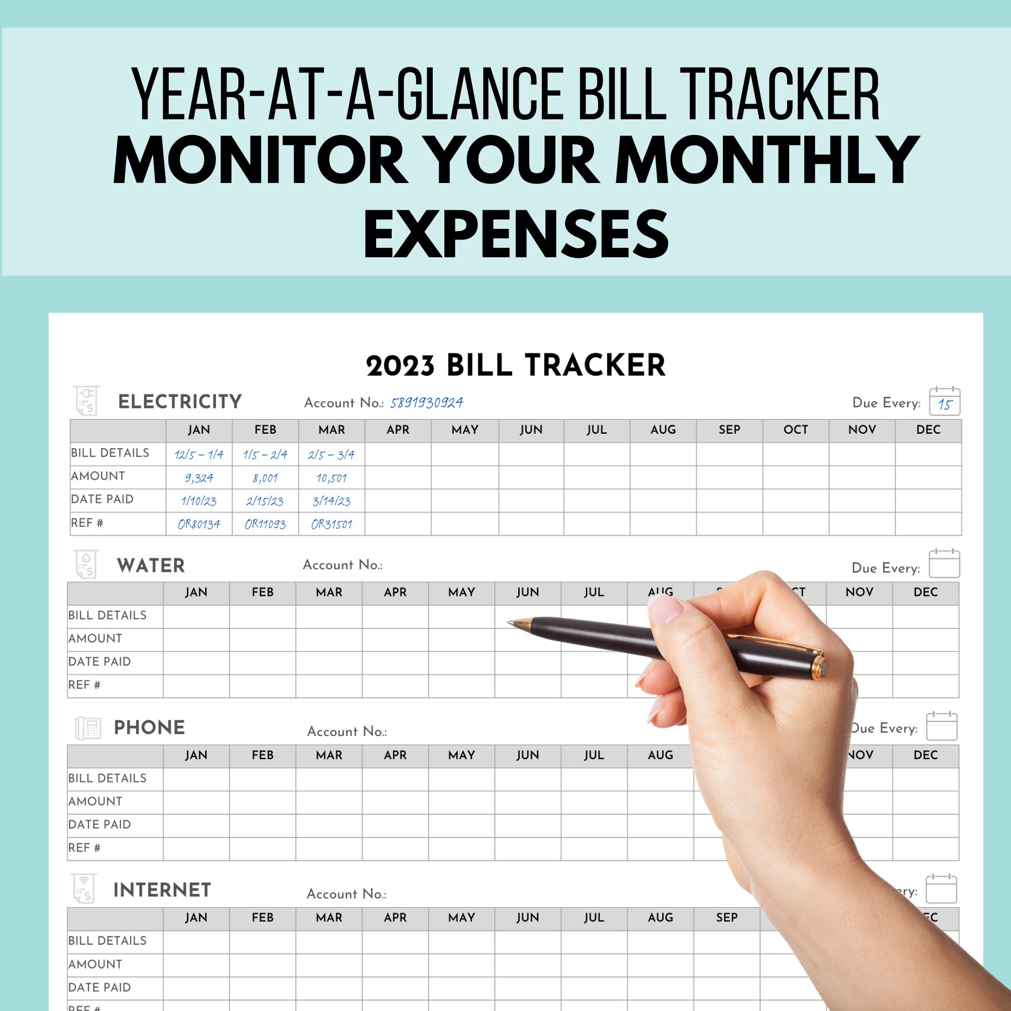 Yearly Bill Tracker Digital Printable, Instant Download or Edit in ...