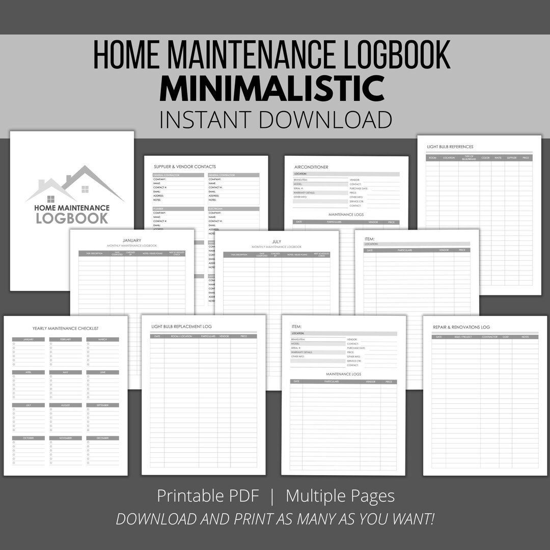 Home Maintenance Logbook Printable: Minimalist Housekeeping & Repair ...