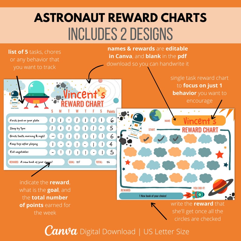 Editable Astronaut Kids Reward Chart, Instant Download and Editable in ...
