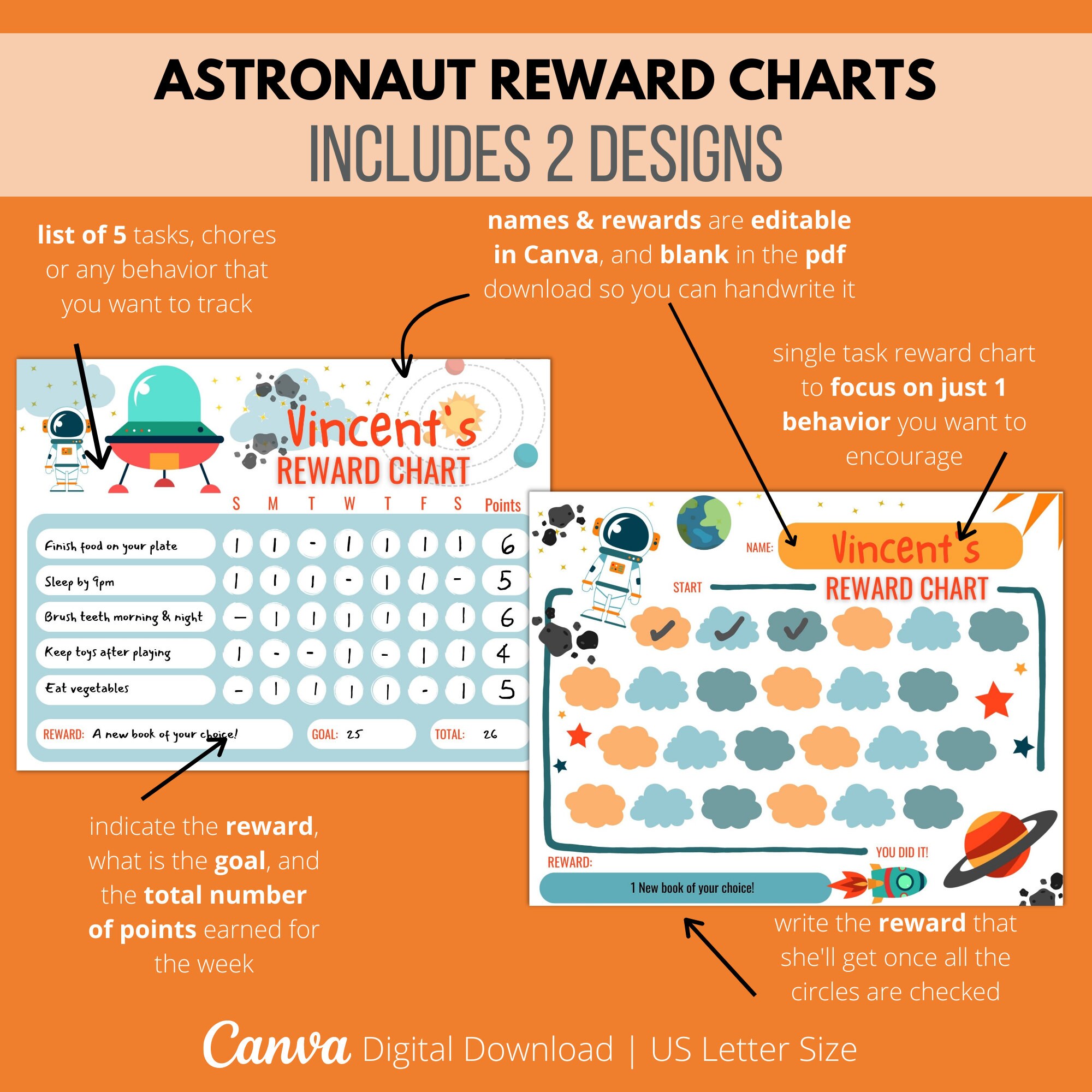Editable Astronaut Kids Reward Chart, Instant Download and Editable in ...