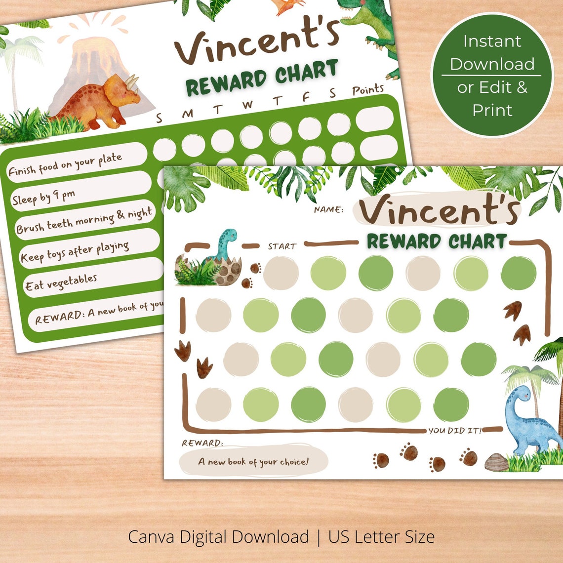 Editable Dinosaur Kids Reward Chart, Instant Download and Editable in ...