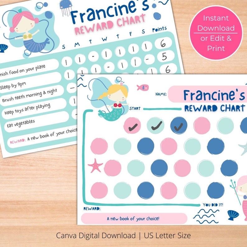 Editable Mermaid Kids Reward Chart, Instant Download and Editable in ...