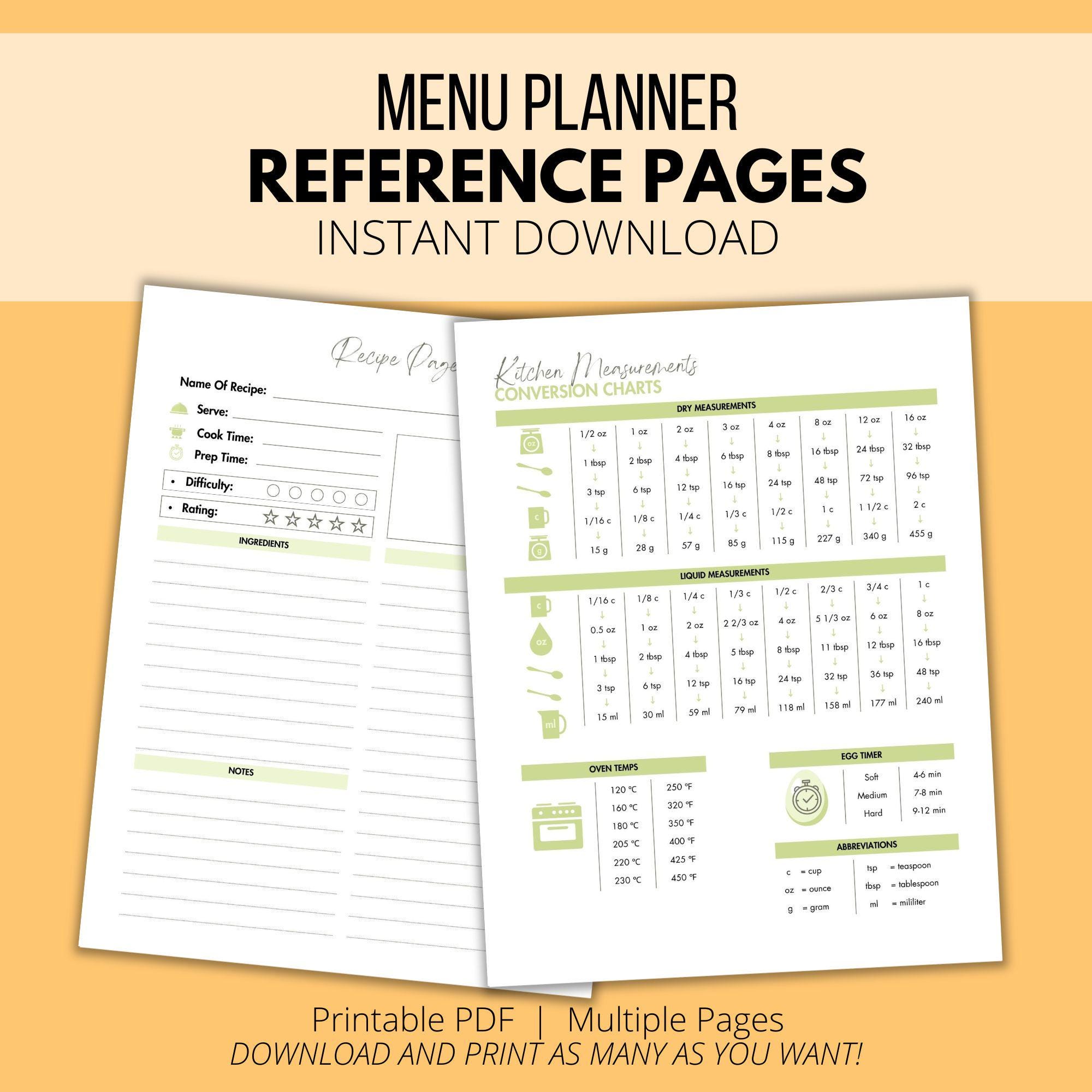 Printable Meal Menu Planner, Kitchen Inventory, Conversion Chart ...
