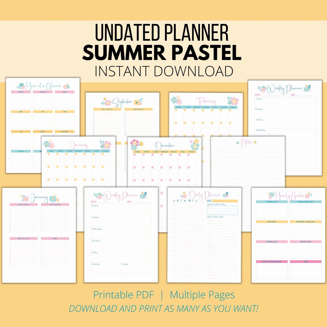 Undated Planner Printable: Yearly, Monthly, Weekly Organizer (digital ...